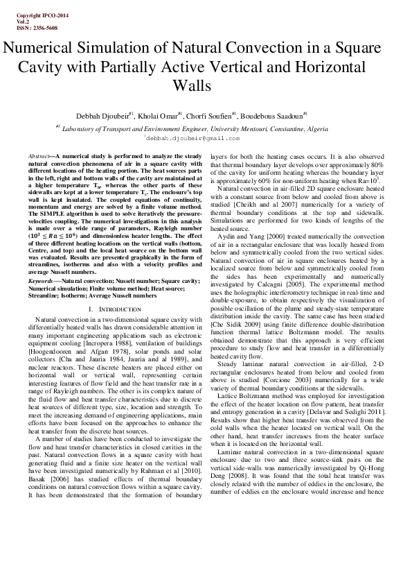 Pdf Numerical Simulation Of Natural Convection In A Square Cavity