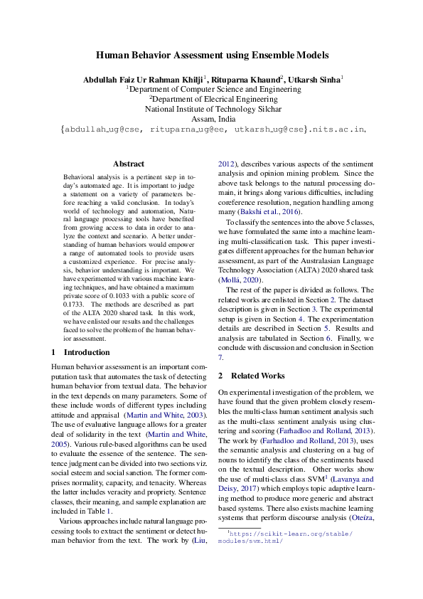 (PDF) Human Behavior Assessment using Ensemble Models