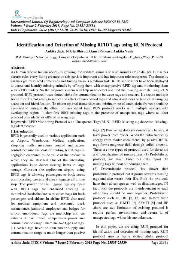 (PDF) Identification and Detection of Missing RFID Tags using RUN Protocol