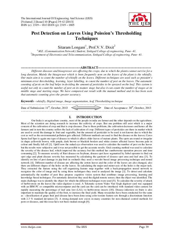 Pdf Pest Detection On Leaves Using Poissions Thresholding Techniques 