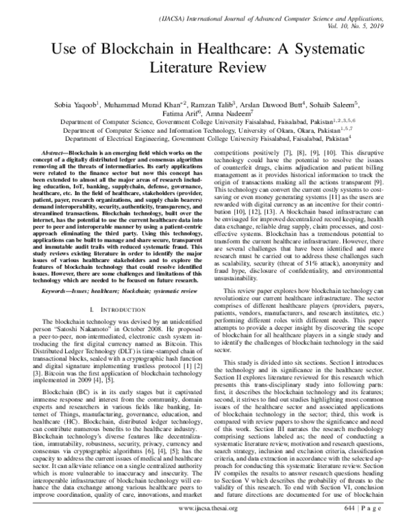 (PDF) Use of Blockchain in Healthcare: A Systematic Literature Review