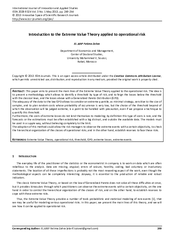 (PDF) Introduction to the Extreme Value theory applied to operational risk