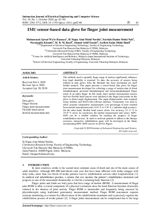 Pdf Imu Sensor Based Data Glove For Finger Joint Measurement