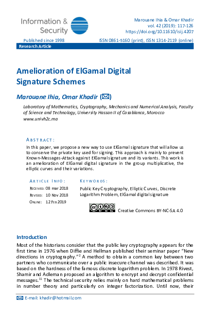 (PDF) Amelioration of ElGamal Digital Signature Schemes | Marouane IHIA ...
