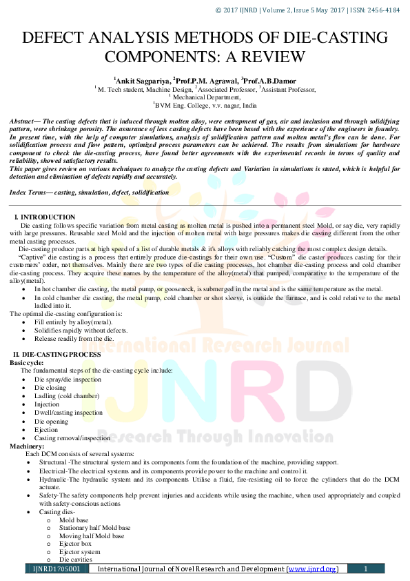 Pdf Defect Analysis Methods Of Die Casting Components A Review 1