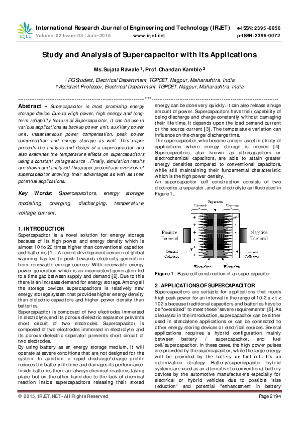 (PDF) Study and Analysis of Supercapacitor with its Applications