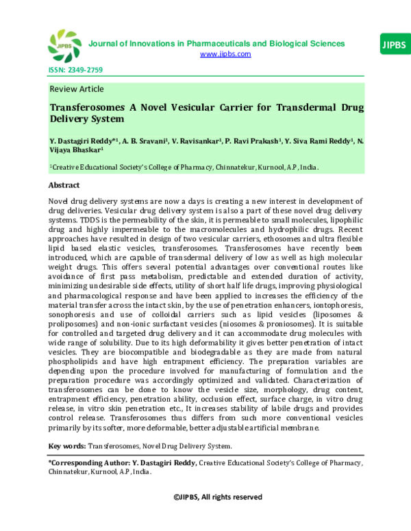 (PDF) Transferosomes A Novel Vesicular Carrier for Transdermal Drug ...