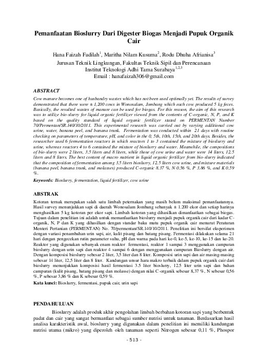 (PDF) Pemanfaatan Bioslurry Dari Digester Biogas Menjadi Pupuk Organik Cair