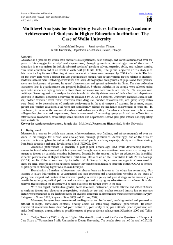 (PDF) Multilevel Analysis for Identifying Factors Influencing Academic Achievement of Students ...