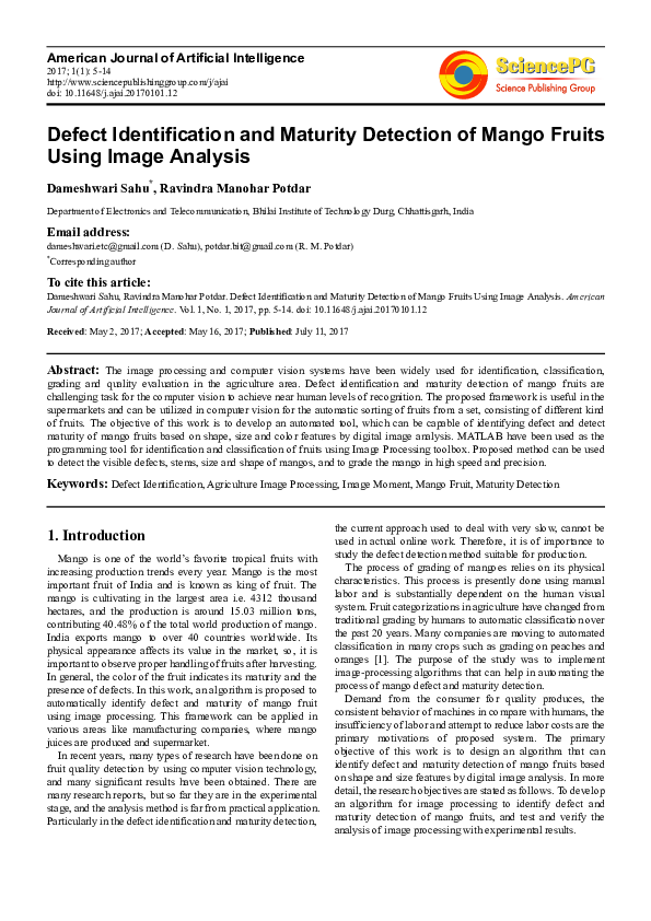 Pdf Defect Identification And Maturity Detection Of Mango Fruits