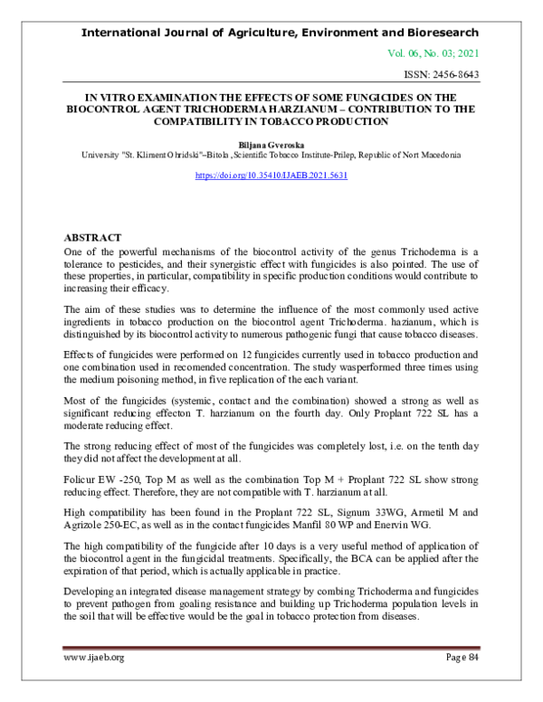 Pdf In Vitro Examination The Effects Of Some Fungicides On The Biocontrol Agent Trichoderma