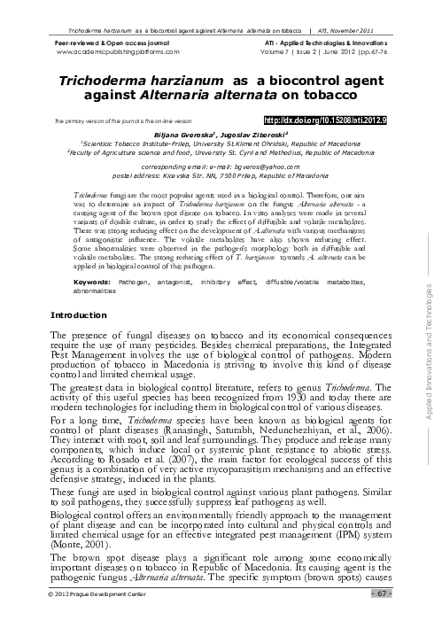 (PDF) Trichoderma harzianum as a biocontrol agent against Alternaria alternata on tobacco ...