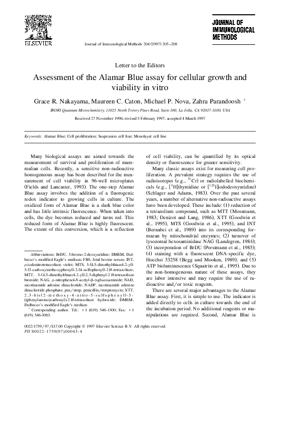(PDF) Assessment of the Alamar Blue assay for cellular growth and ...