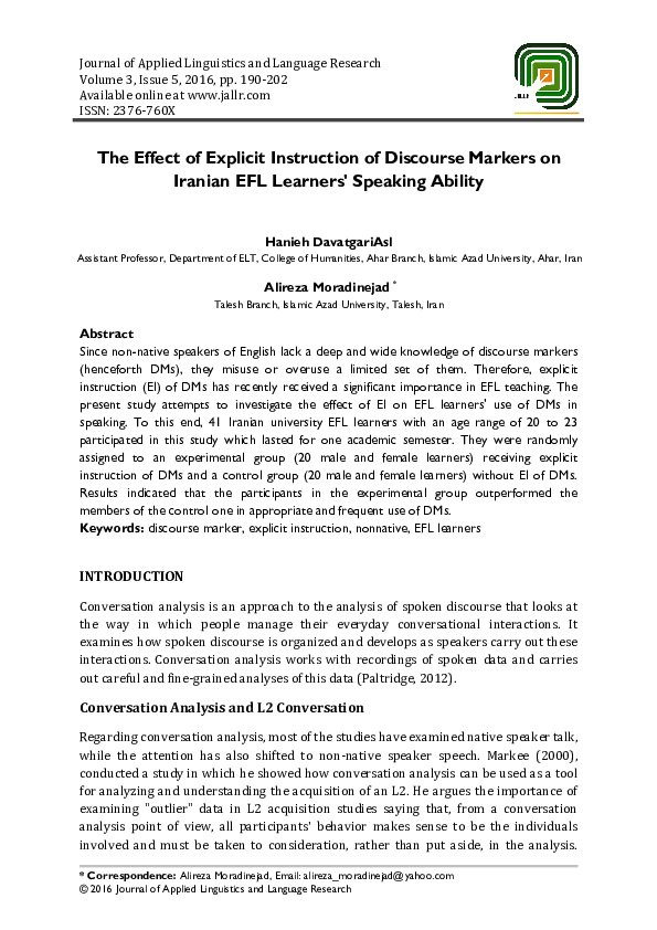 (PDF) The Effect of Explicit Instruction of Discourse Markers on Iranian EFL Learners' Speaking ...