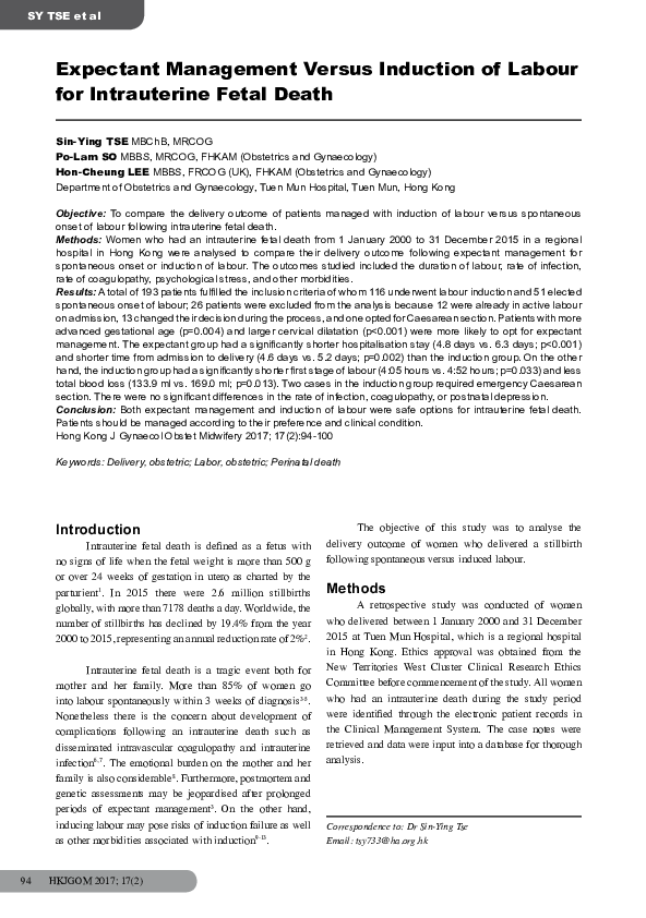 (PDF) Expectant Management Versus Induction of Labour for Intrauterine ...