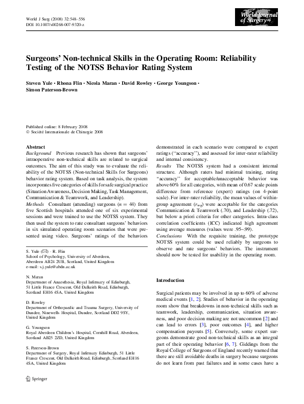 (PDF) Surgeons' non-technical skills in the operating room: reliability ...