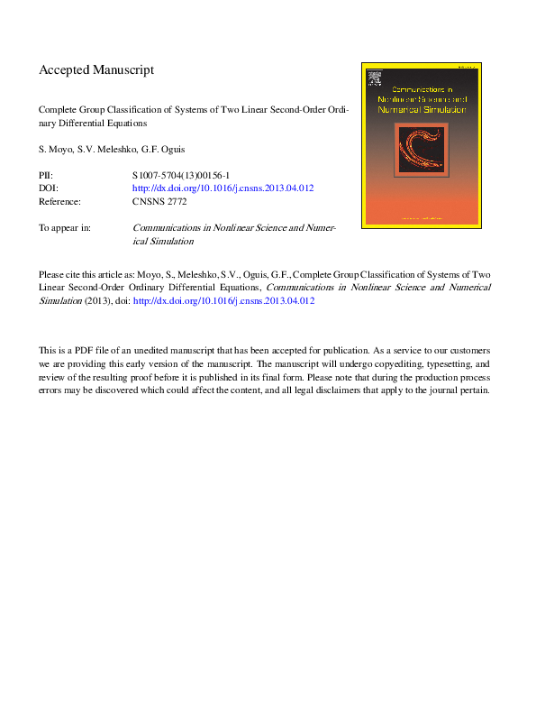 Pdf Complete Group Classification Of Systems Of Two Linear Second