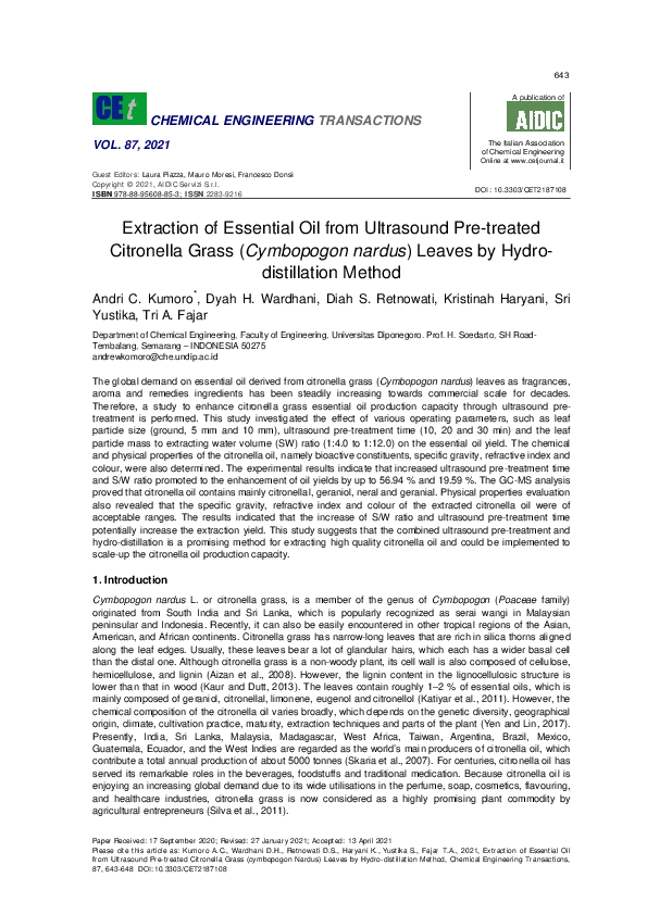 (PDF) Extraction of Essential Oil from Ultrasound Pre-treated Citronella Grass (cymbopogon ...