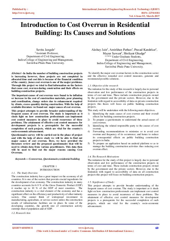(PDF) Introduction to Cost Overrun in Residential Building: Its Causes ...