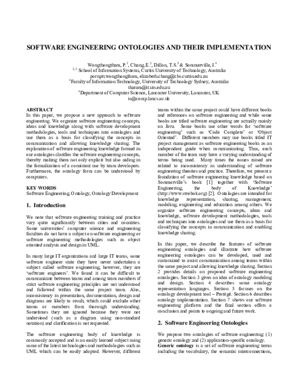 (PDF) Software Engineering Ontologies and Their Implementation
