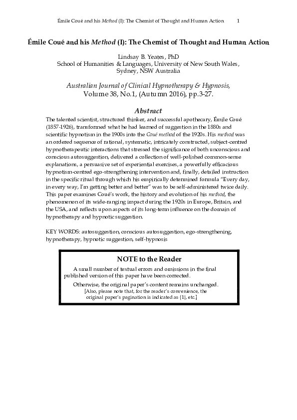 (PDF) Emile Coue and his method (I): The chemist of thought and human ...