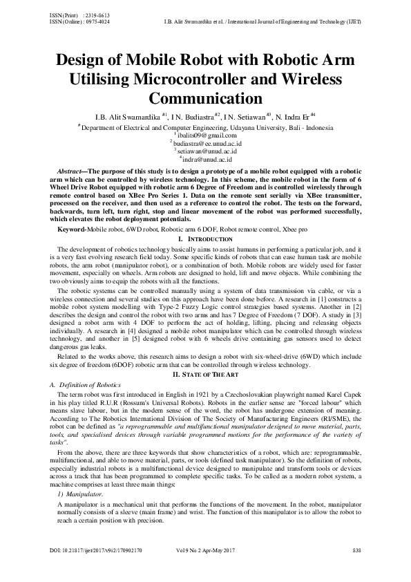Pdf Design Of Mobile Robot With Robotic Arm Utilising Microcontroller