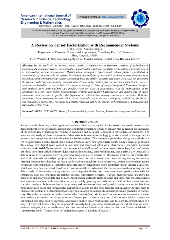 Pdf A Review On Tensor Factorization With Recommender Systems
