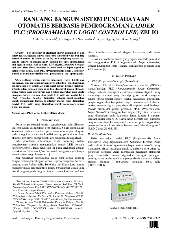 (PDF) Rancang Bangun Sistem Pencahayaan Otomatis Berbasis Pemrograman Ladder PLC (Programmable ...