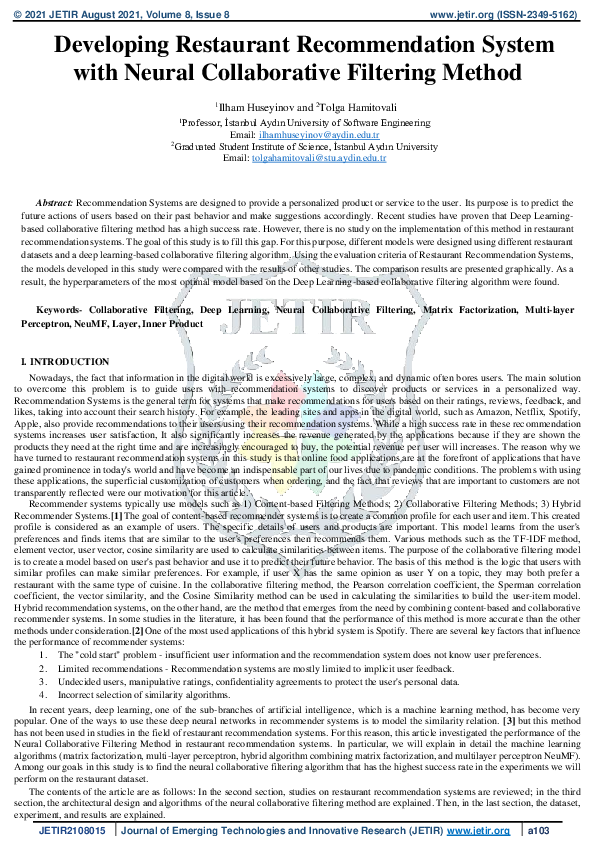 (PDF) Developing Restaurant Recommendation System with Neural ...