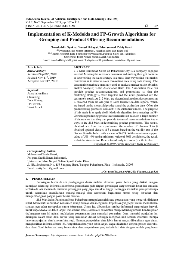 (PDF) Implementation of K-Medoids and FP-Growth Algorithms for Grouping and Product Offering ...