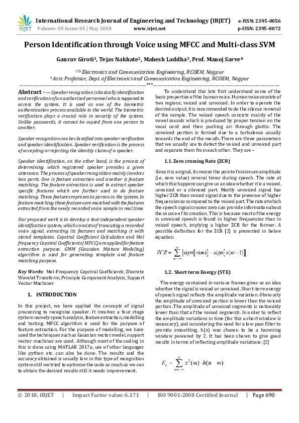 (PDF) Person Identification through Voice using MFCC and Multi-class SVM