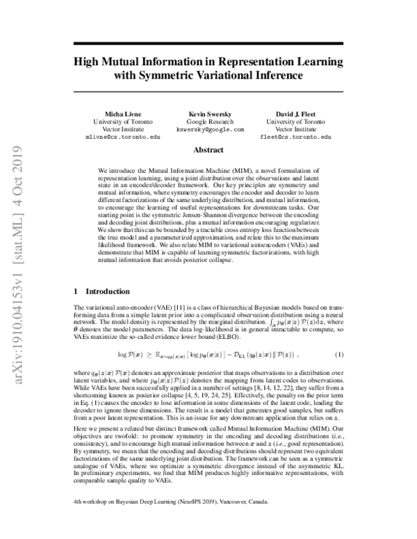 (PDF) High Mutual Information in Representation Learning with Symmetric Variational Inference