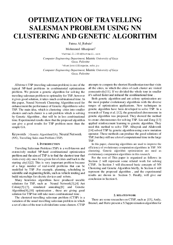 (PDF) OPTIMIZATION OF TRAVELLING SALESMAN PROBLEM USING NN CLUSTERING AND GENETIC ALGORITHM