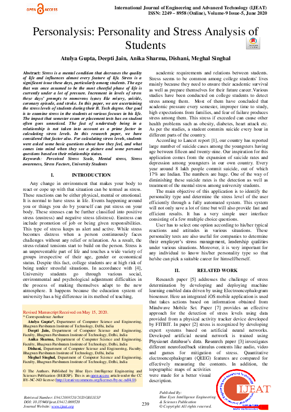 (PDF) Personalysis: Personality and Stress Analysis of Students