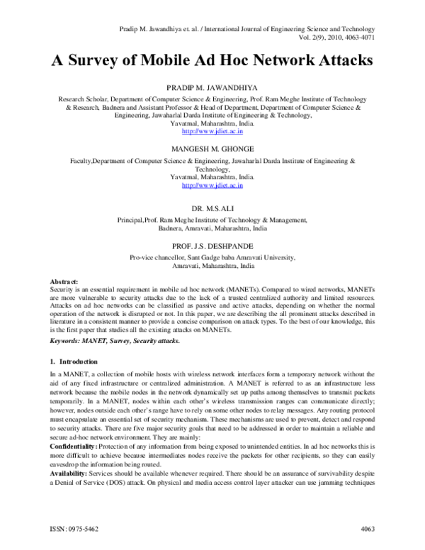 Pdf A Survey Of Mobile Ad Hoc Network Attacks