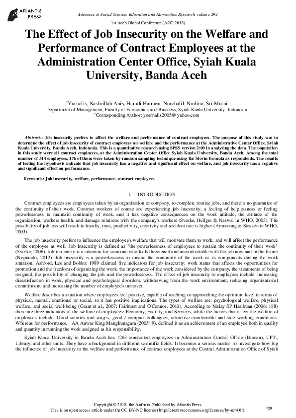 (PDF) The Effect of Job Insecurity on the Welfare and Performance of ...