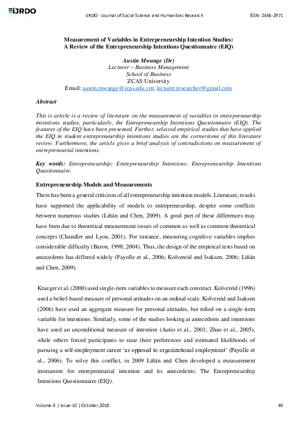 (PDF) Measurement of Variables in Entrepreneurship Intention Studies: A ...