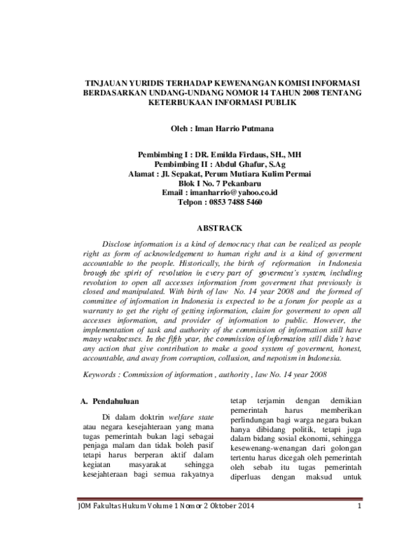 (PDF) Tinjauan Yuridis Terhadap Kewenangan Komisi Informasi Berdasarkan Undang-Undang Nomor 14 ...