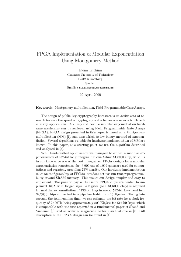 (PDF) FPGA Implementation of Modular Exponentiation Using Montgomery Method