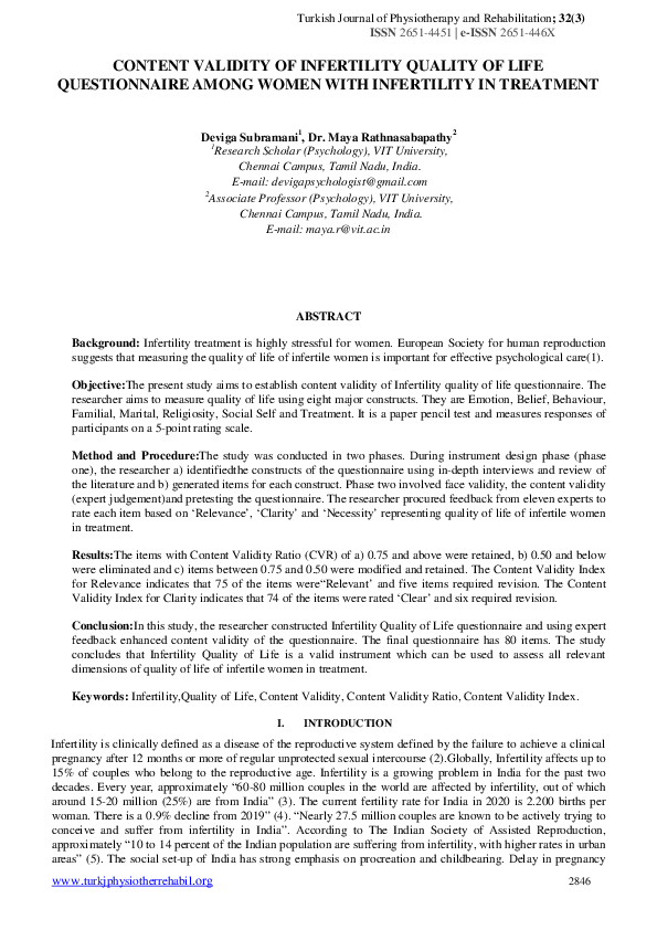 (PDF) Content Validity of Infertility Quality of Life Questionnaire ...