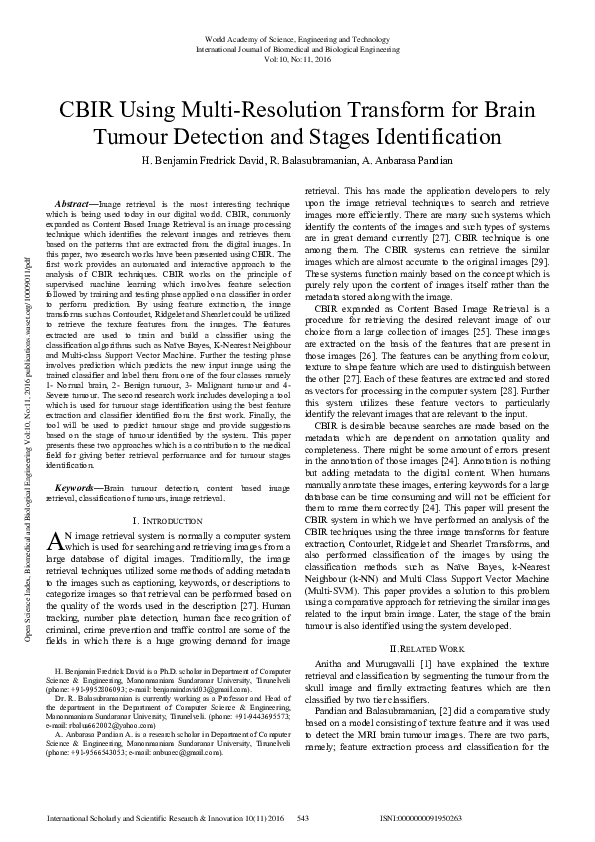 Pdf Cbir Using Multi Resolution Transform For Brain Tumour Detection