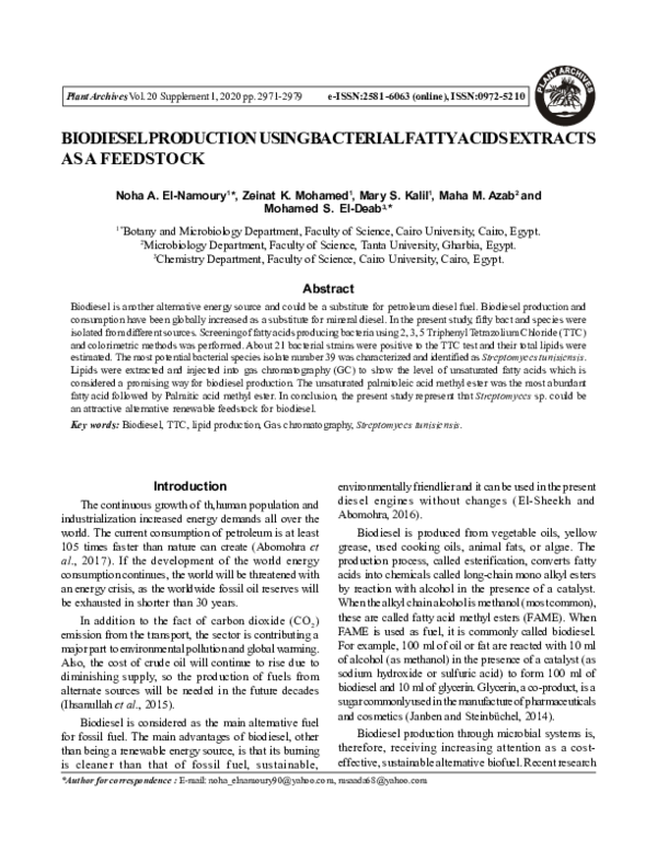 (PDF) Biodiesel Production Using Bacterial Fatty Acids Extracts