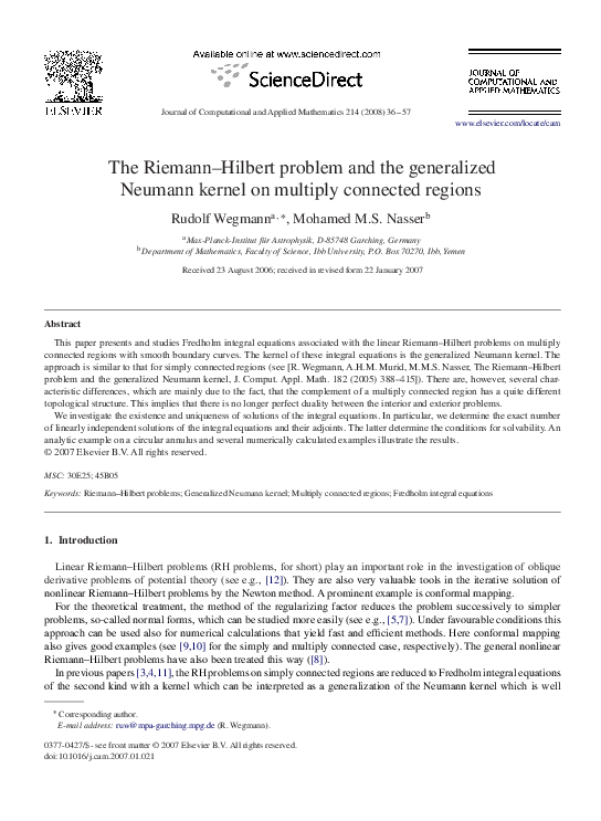 Pdf The Riemann Hilbert Problem And The Generalized Neumann Kernel On Multiply Connected Regions