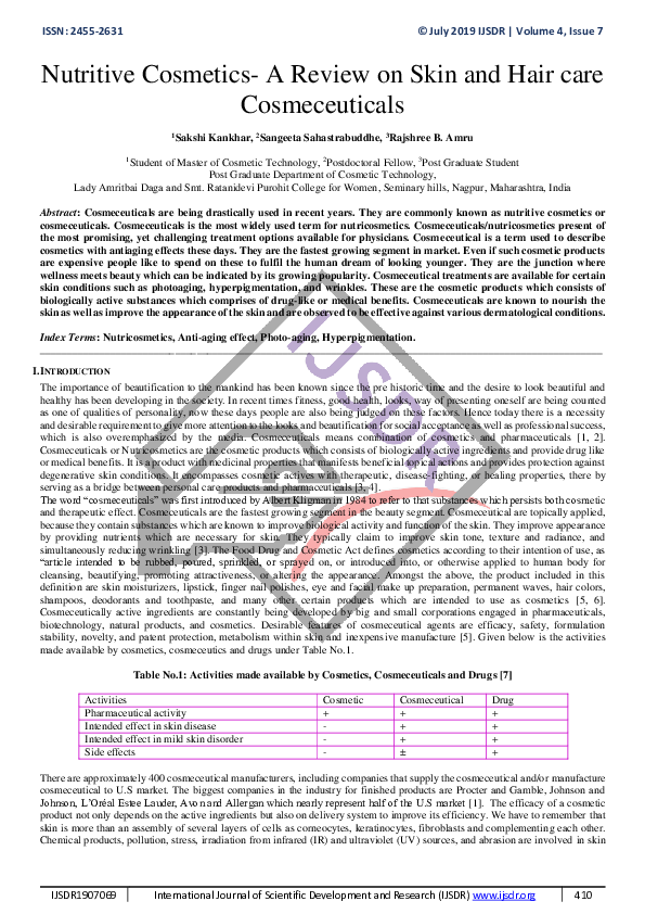 (PDF) Nutritive Cosmetics- A Review on Skin and Hair care Cosmeceuticals