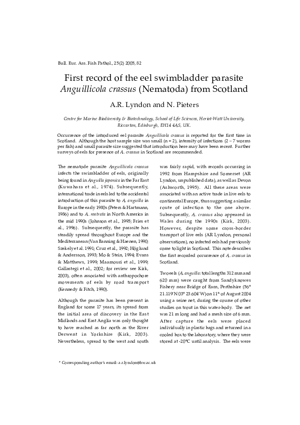 (PDF) First record of the eel swimbladder parasite Anguillicola crassus ...