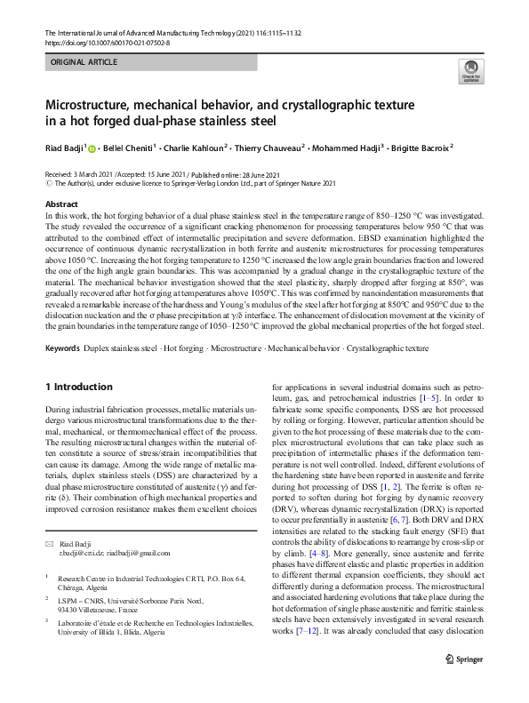 (PDF) Microstructure, mechanical behavior, and crystallographic texture in a hot forged dual ...