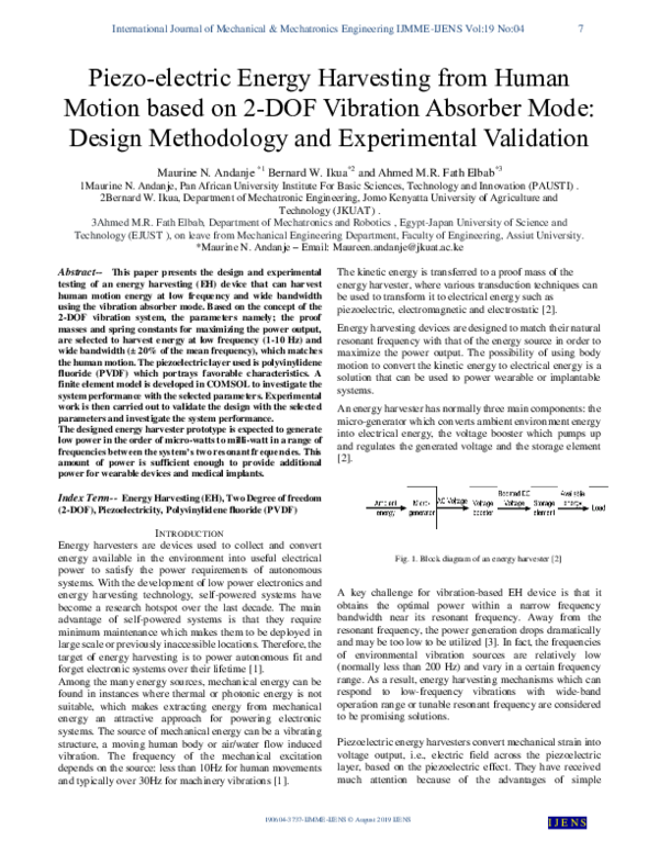 (PDF) Piezo-electric Energy Harvesting from Human Motion based on 2-DOF Vibration Absorber Mode ...