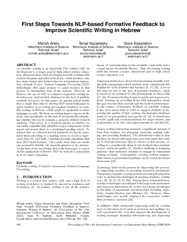 (PDF) First Steps Towards NLP-based Formative Feedback to Improve ...