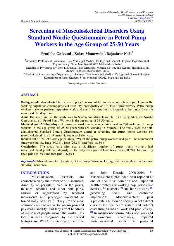 (PDF) Screening of Musculoskeletal Disorders Using Standard Nordic ...