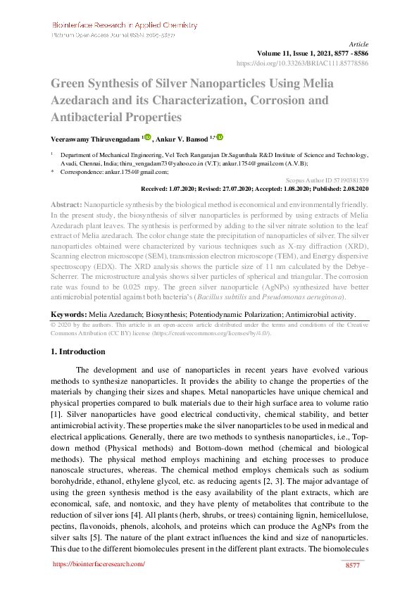 (PDF) Green Synthesis of Silver Nanoparticles Using Melia Azedarach and its Characterization ...
